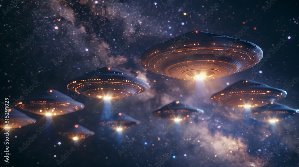 Fleet of UFOs flying in cosmic space - Multiple UFOs emit bright lights as they journey through ...