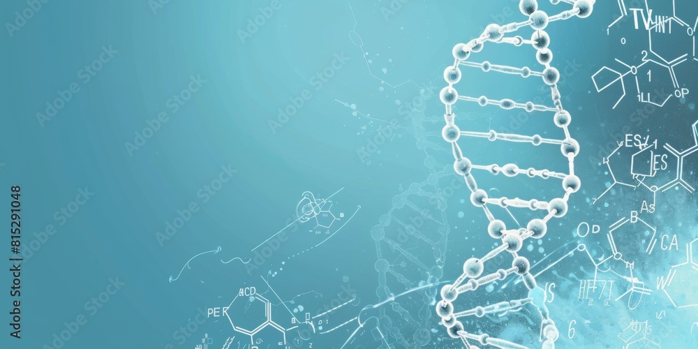 3D render of a DNA double helix and chemical formula on a light blue ...