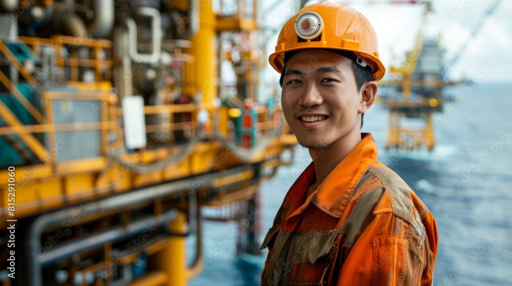 The petroleum engineer wearing safety suit at industrial. standards of ...