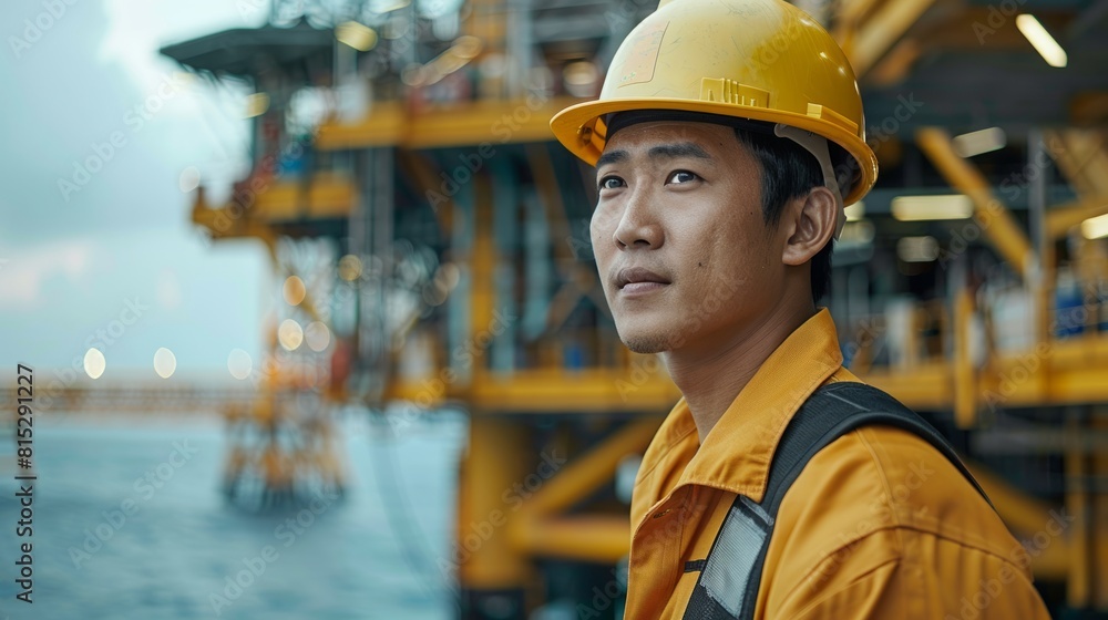 The petroleum engineer wearing safety suit at industrial. standards of ...