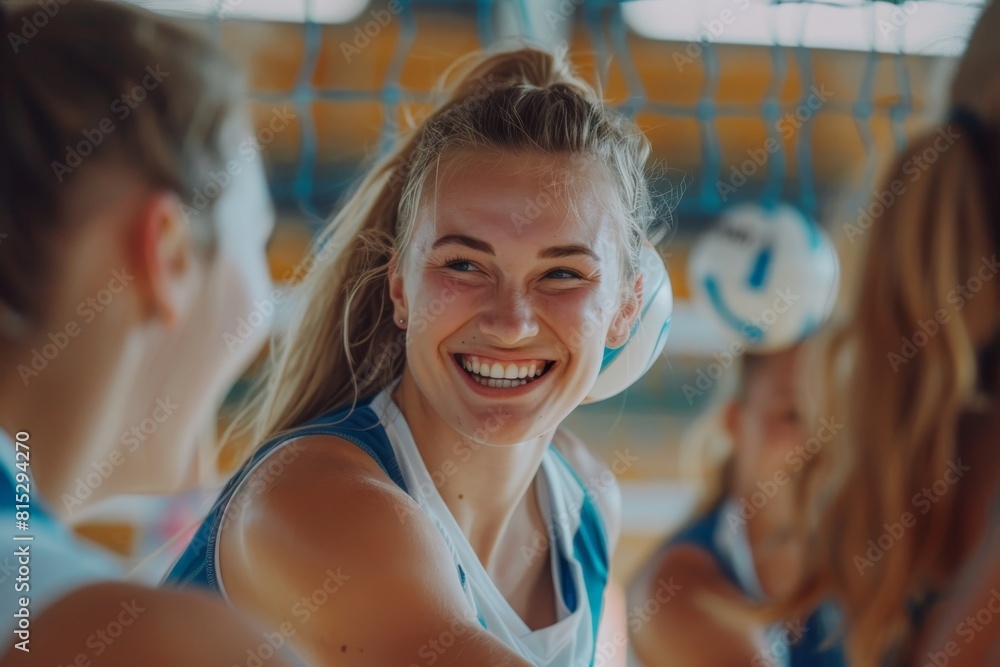 Blonde female volleyball players exhibit teamwork and joy as they work ...