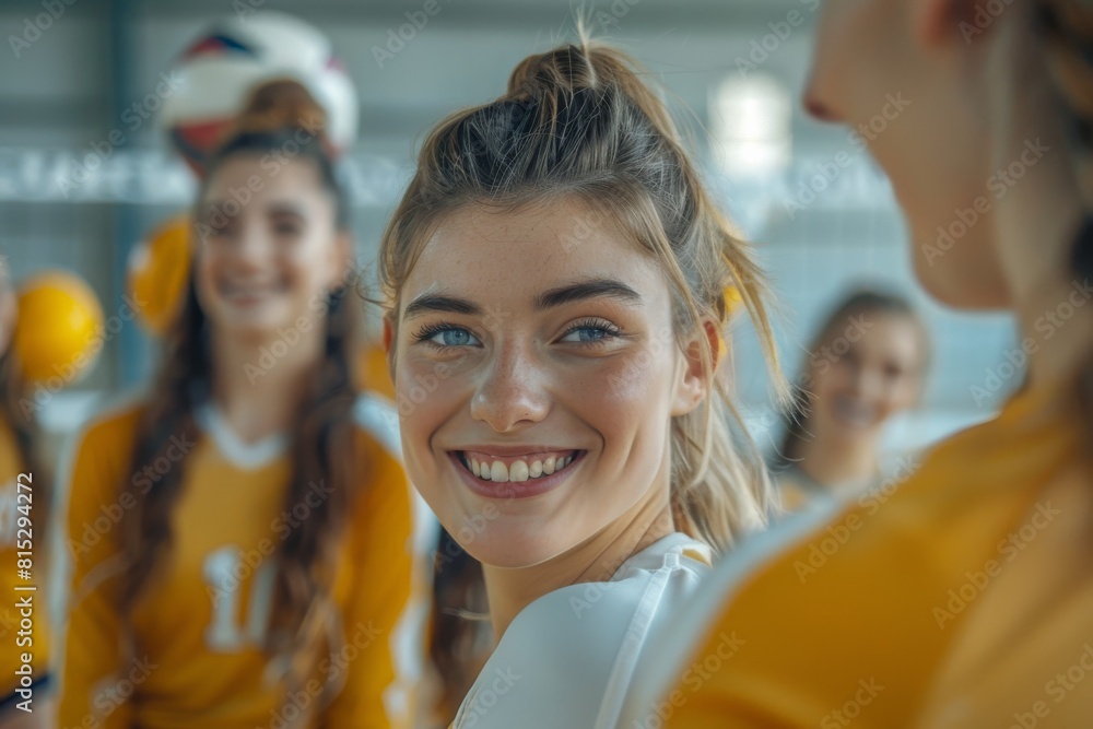 Blonde female volleyball players exhibit teamwork and joy as they work ...