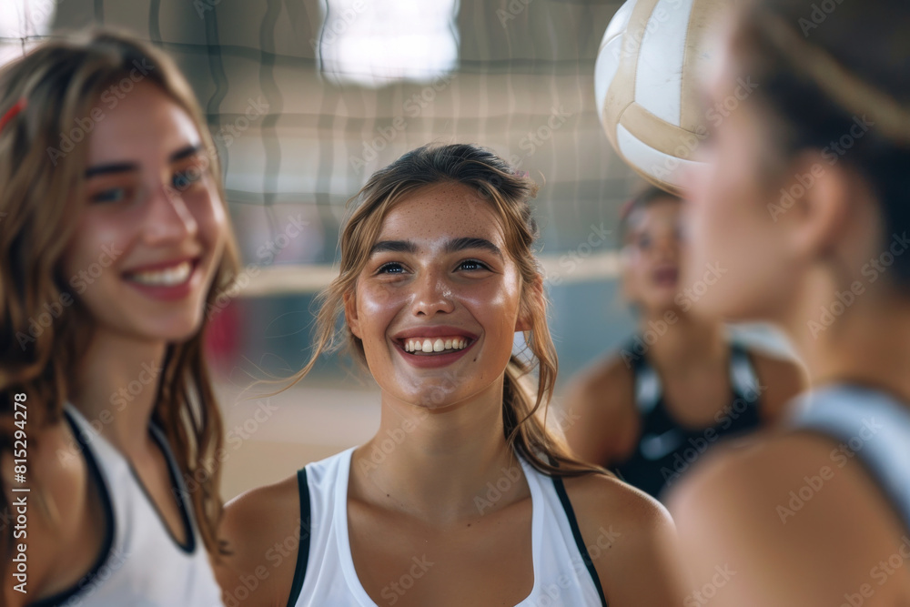 Blonde female volleyball players exhibit teamwork and joy as they work ...