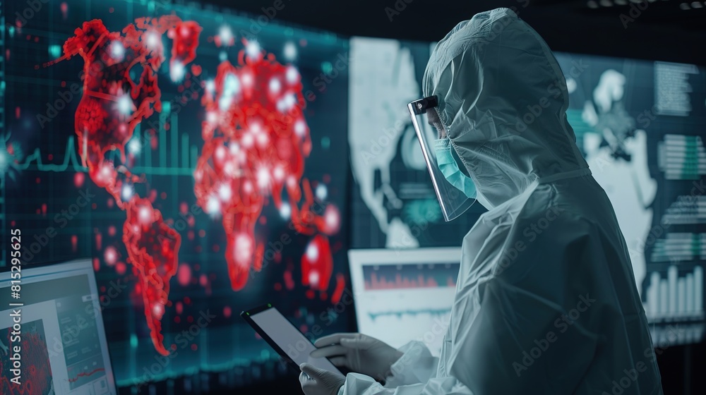 Epidemiologist tracking disease outbreaks on a world map, monitoring ...