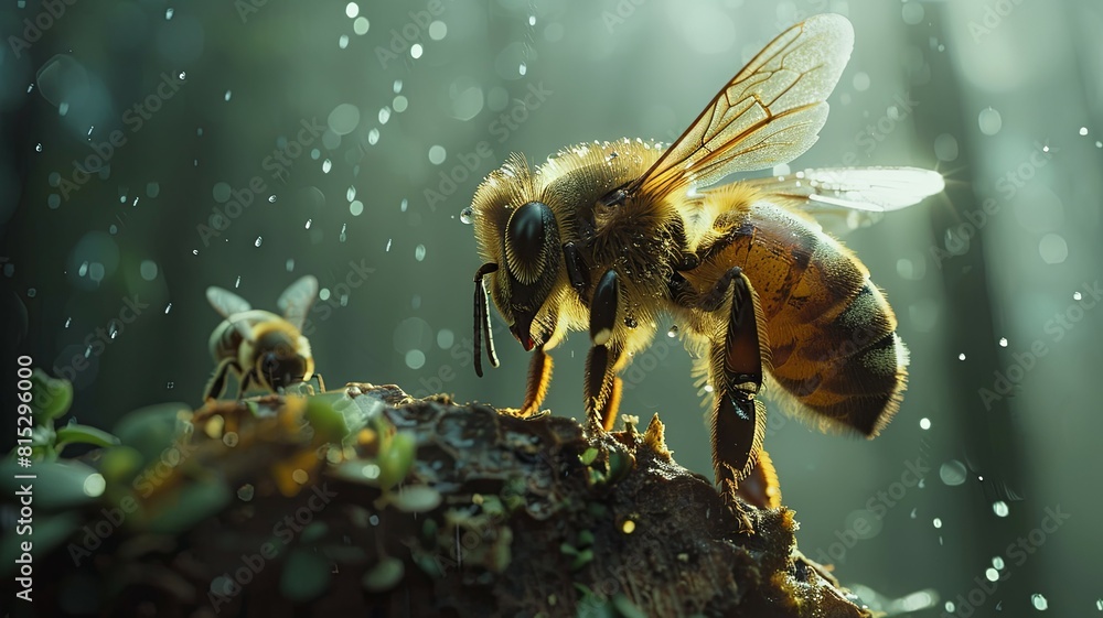Bee drenched in raindrops on forest floor - A wet honeybee with ...
