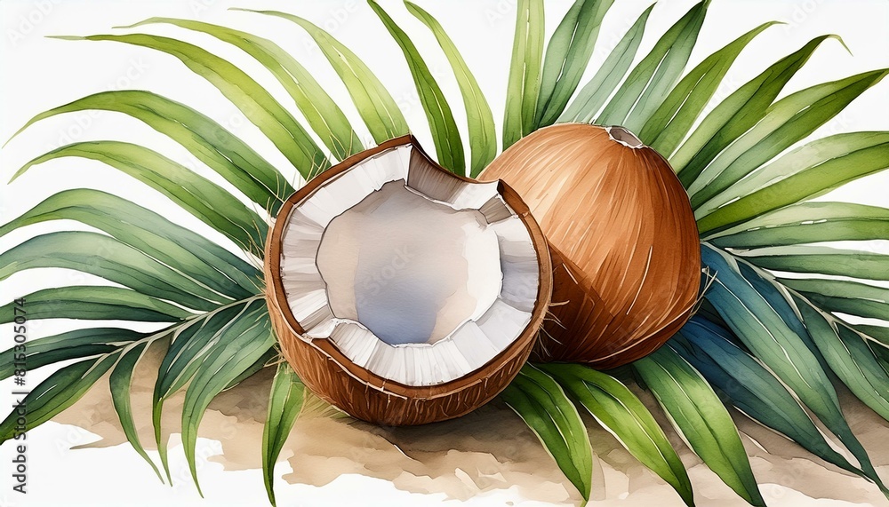 Green palm leaves and half a broken coconuts illustration. Watercolor ...