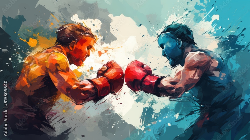 Two muscular men in red and blue boxing gloves are engaged in a boxing ...