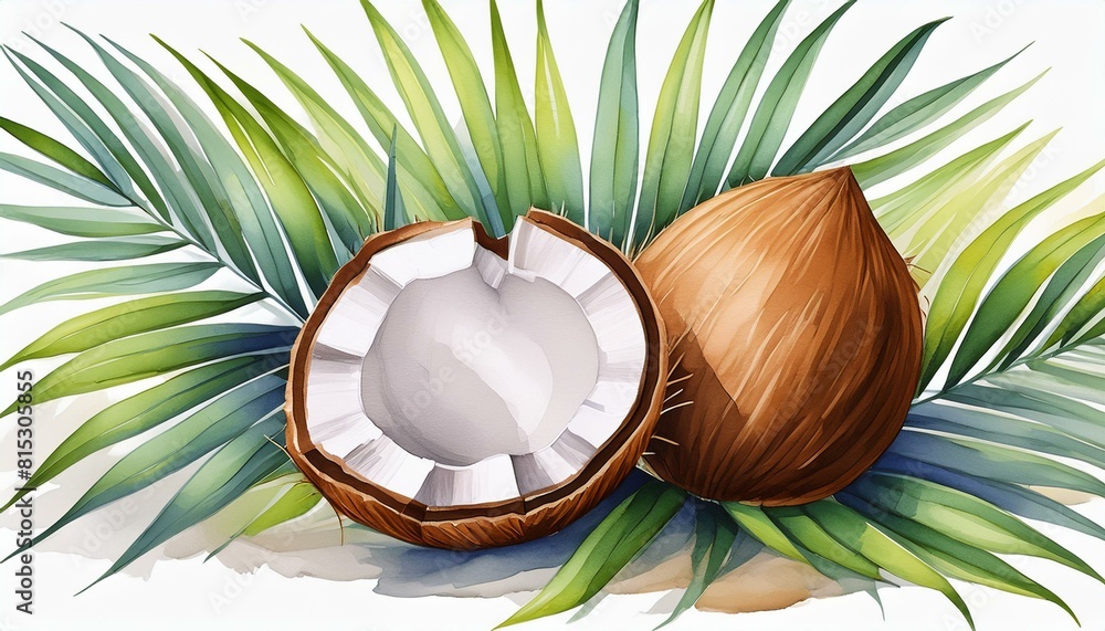 Green palm leaves and half a broken coconuts illustration. Watercolor ...