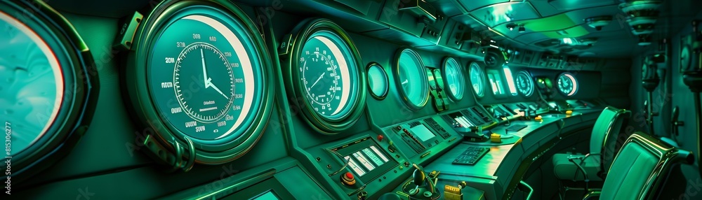 Submarine control room underwater scene with dials and monitors lit by ...
