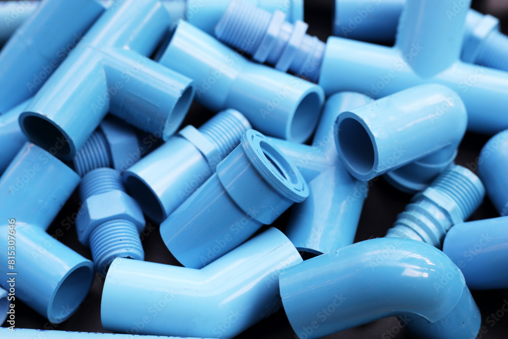 Plumber equipment with blue pvc pipe connections for plumbing work ...
