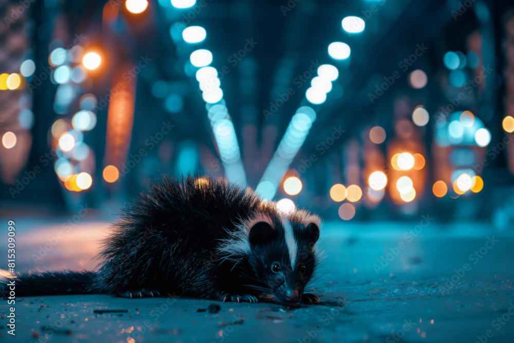 A skunk emerges from under a city bridge with a backdrop of vibrant ...