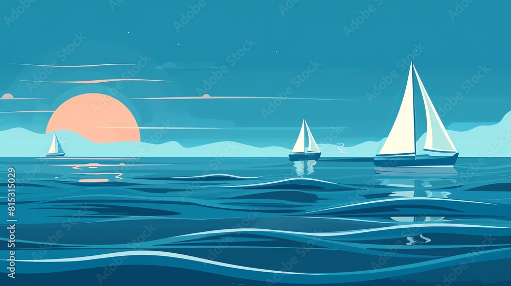 Blue ocean with sailboats flat design side view, nautical theme ...