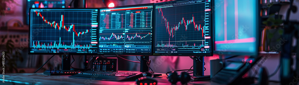 Stock traders desk side view with multiple monitors displaying graphs ...