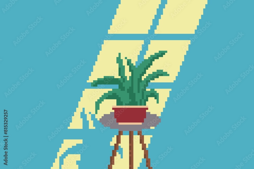 Pixel art of green plant and flowerpots on the table with blue pastel ...