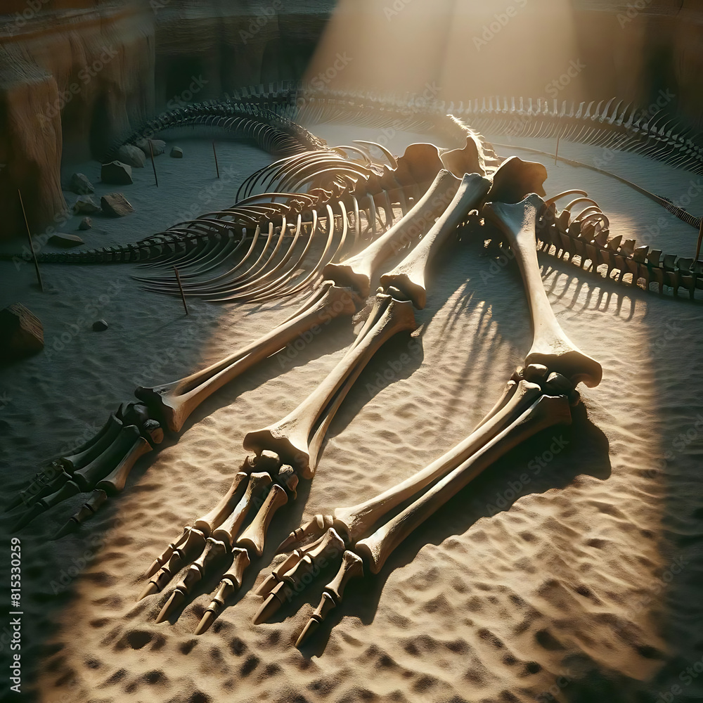 The image shows the very long leg bones of a Brachiosaurus lying on the ...