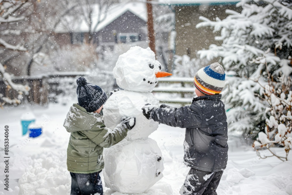 Building a snowman together in the backyard after a fresh snowfall ...