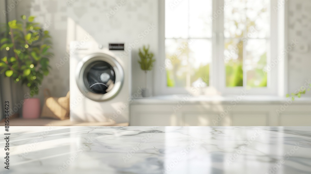 White blurry home laundry room with modern washing machine and empty ...