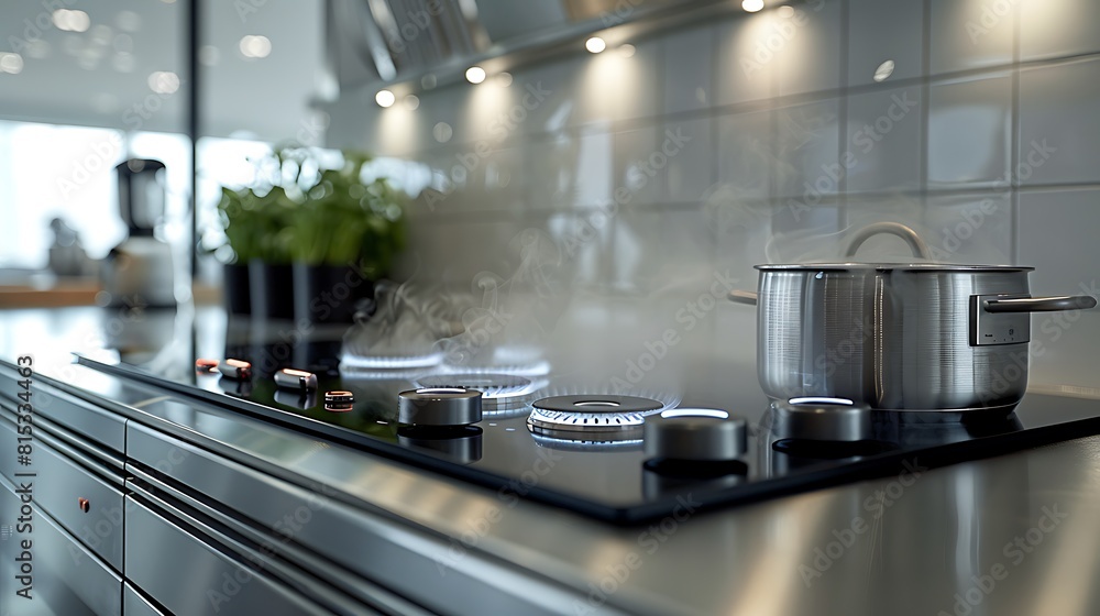 A close-up view of a high-tech compact kitchen showing an integrated smart stove and a ...