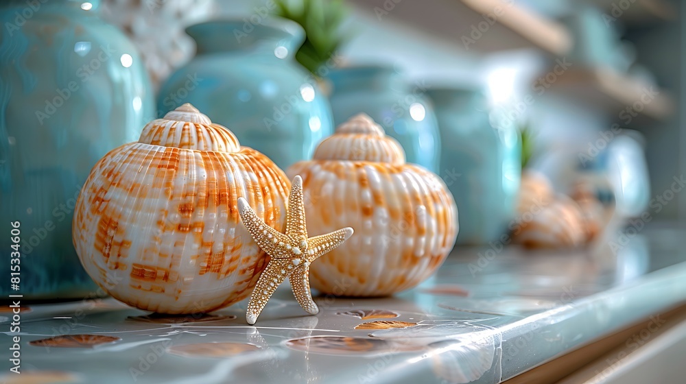 A close-up view of a kitchen countertop in a beach house, displaying a ...