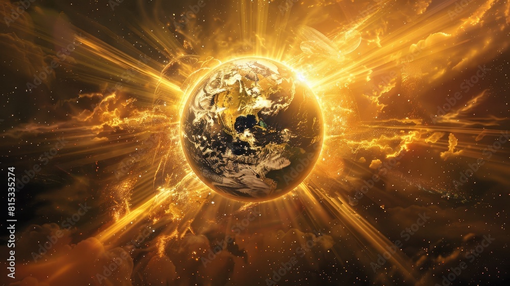 The earth is hit by sun rays at various angles with beams of sunlight ...