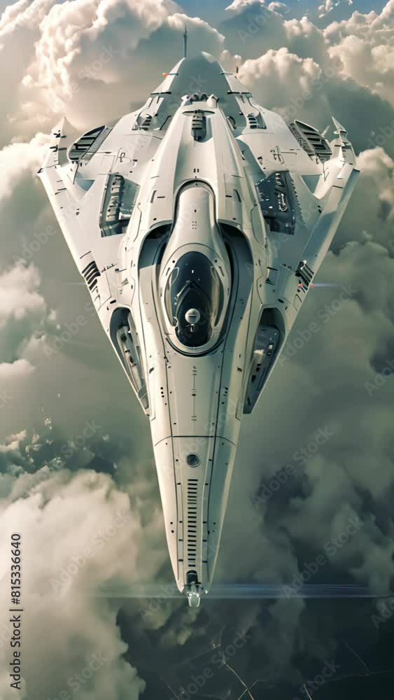 A futuristic space fighter jet is flying through a cloudy sky. Concept of adventure and ...