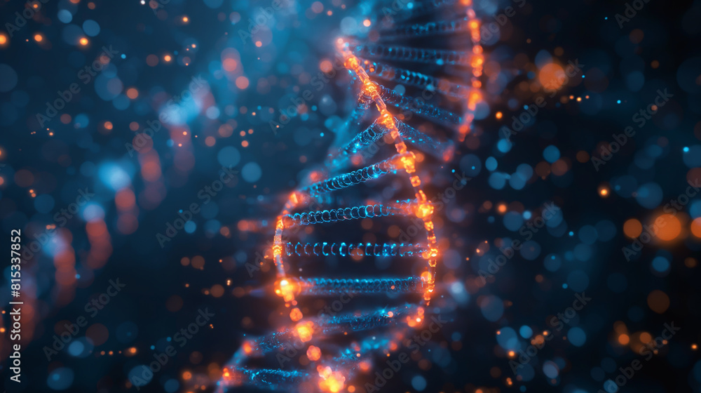 ภาพประกอบสต็อก Blue and orange glowing double helix structure with ...