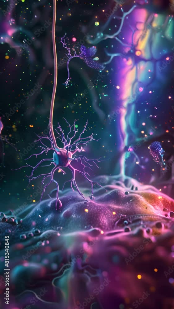 A colorful image of a brain with purple and green neurons. The image is ...
