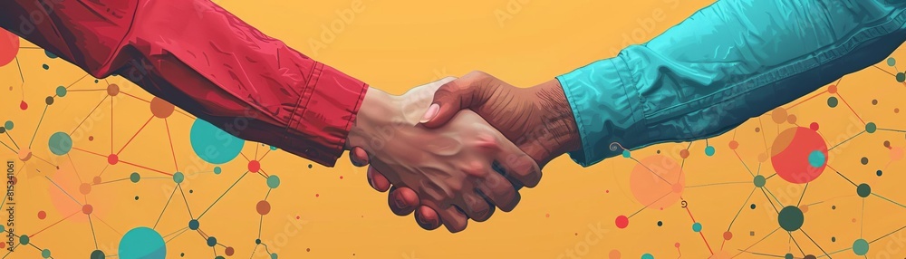 Shaking hands at a tech startup launch flat design top view innovation ...