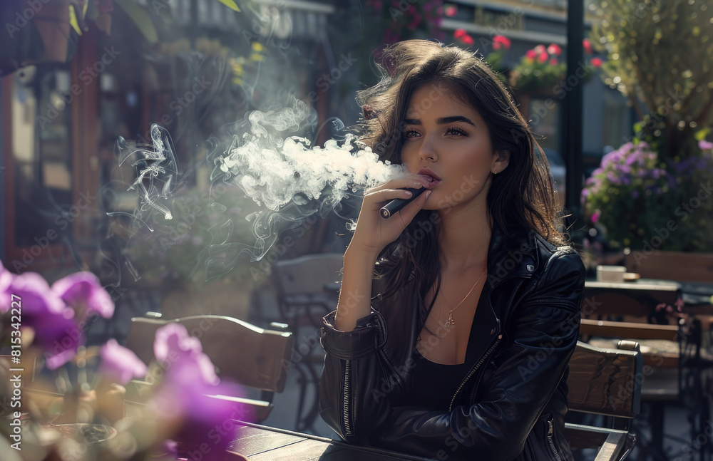 Beautiful woman smoking a vape, sitting in an outdoor cafe and holding ...