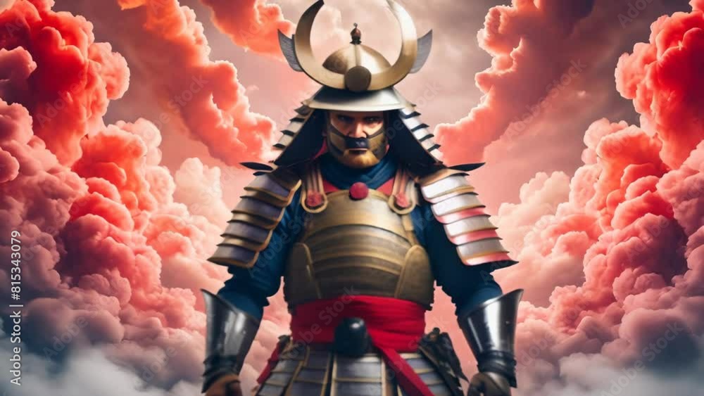 A powerful samurai stands in traditional armor, set against a dramatic ...
