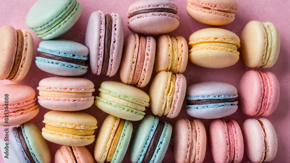 Multitude of colorful pastel French macaroons, tightly fitted together ...