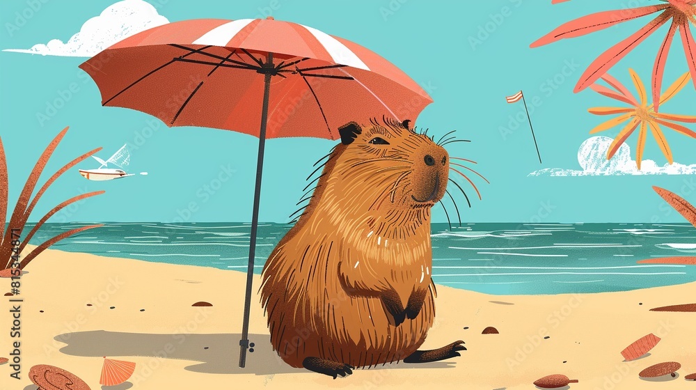 Cute capybara under a beach umbrella flat design front view summer ...