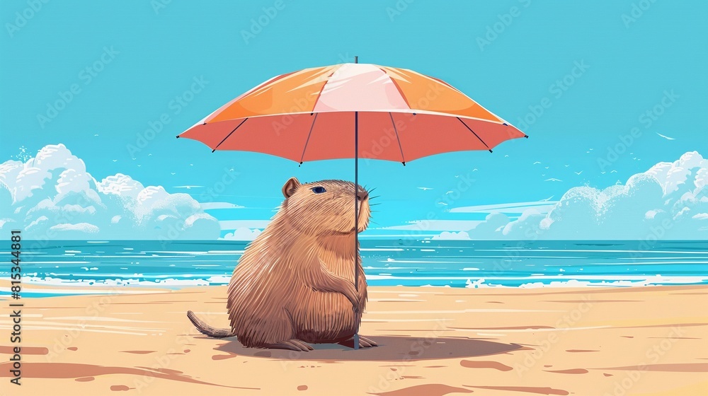 Capybara under a beach umbrella flat design front view summer shade ...