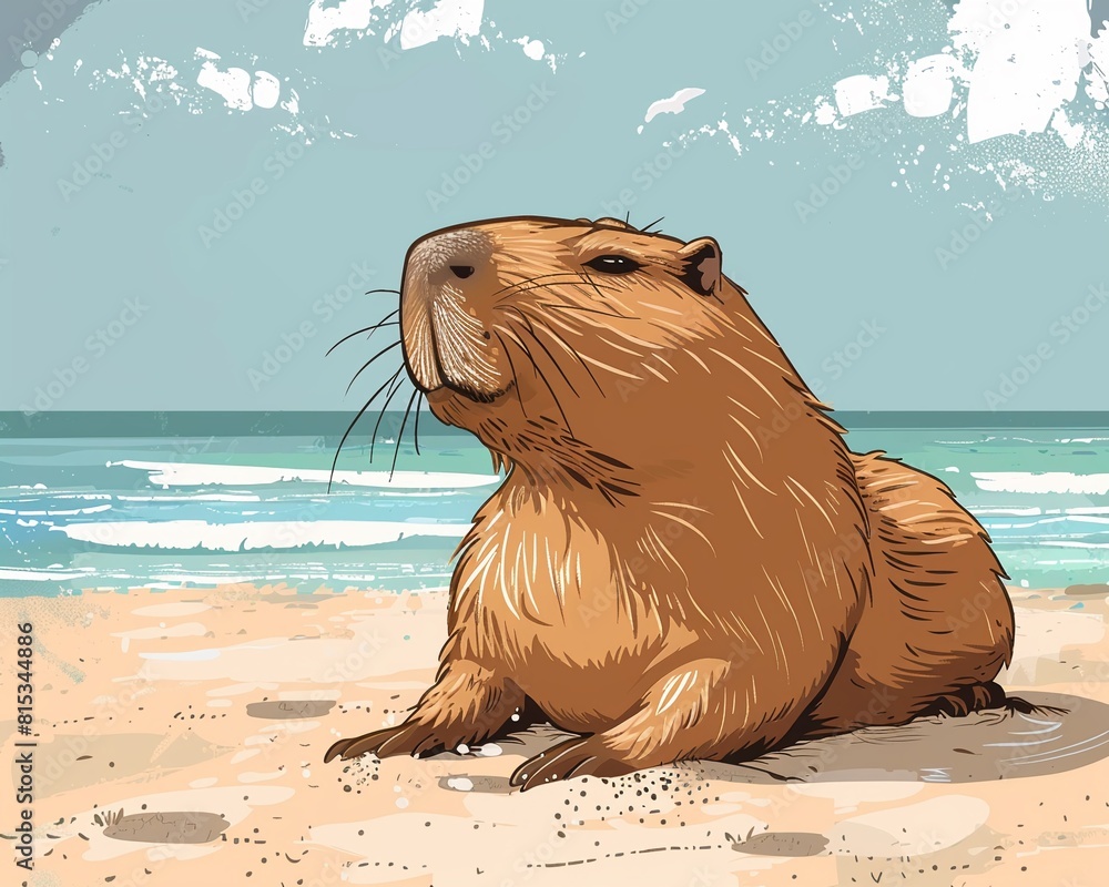 Capybara playing in the sand flat design side view beach fun theme ...