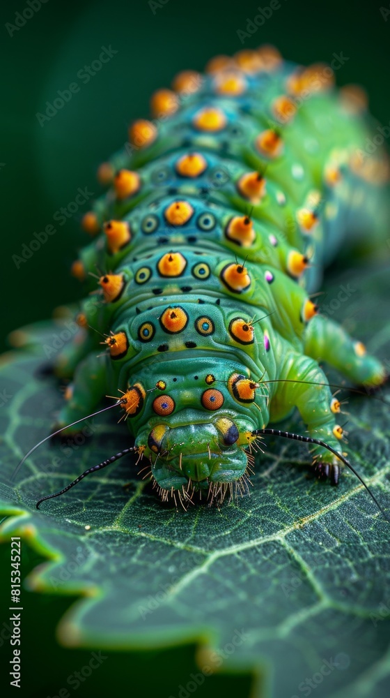 Macro portrait of green caterpillar on leaf, out of focus background ...