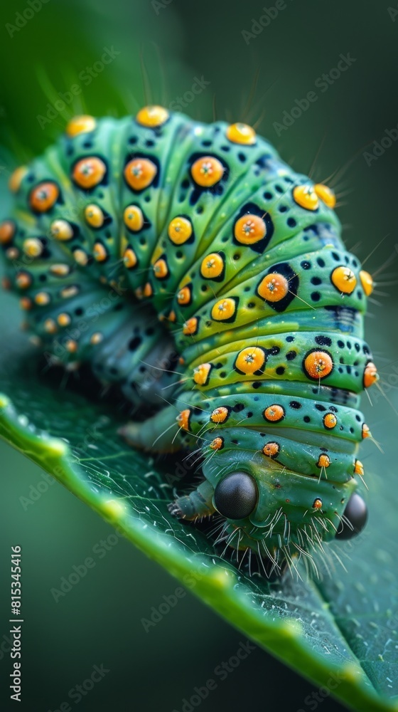 Macro portrait of green caterpillar on leaf, out of focus background ...