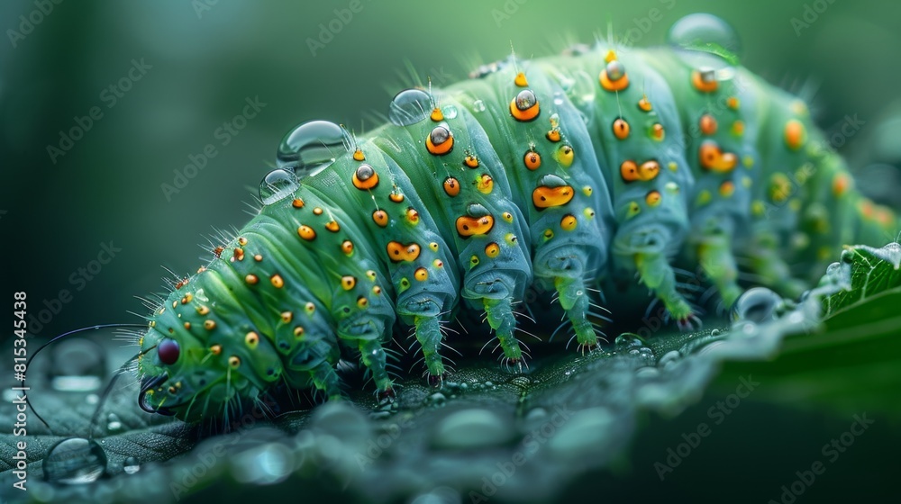 Macro portrait of green caterpillar on leaf, out of focus background ...