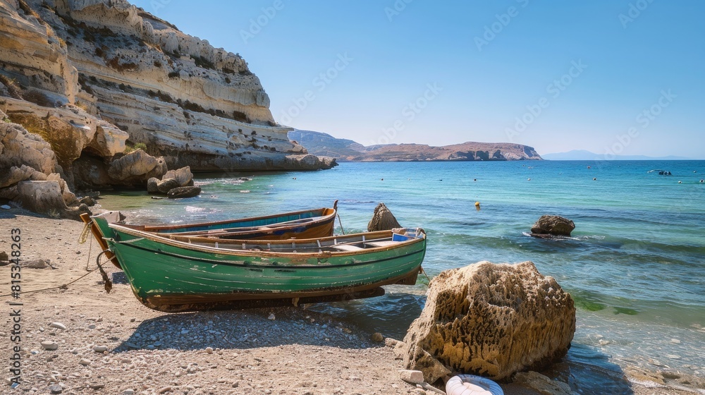 Matala beach with old fishing boats and caves on the rocks that were ...