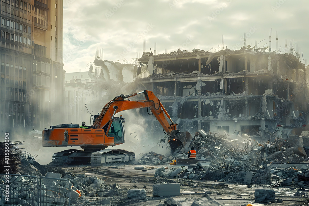 Demolition Crews Operating Powerful Hydraulic Hammers to Break Apart ...