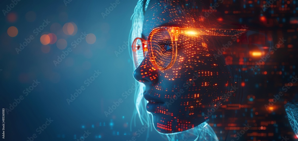 AI in a high-tech lab setting, blue tones, sleek surfaces, close up on ...