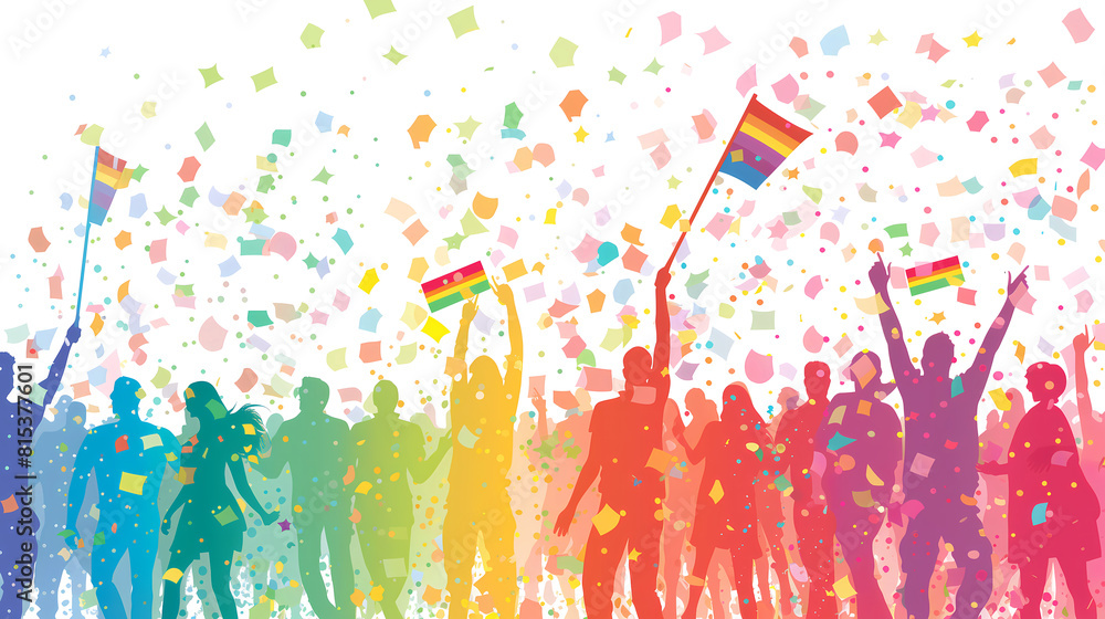 A happy pride parade raising hands with pride flags and confetti in ...