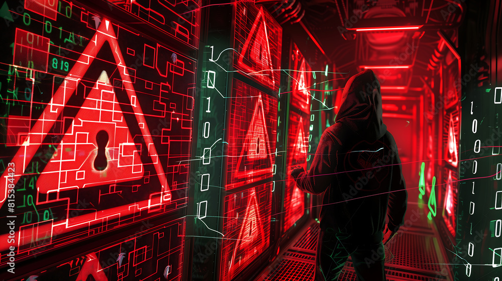 hacker in a hood walking inside a server room with red digital symbols ...