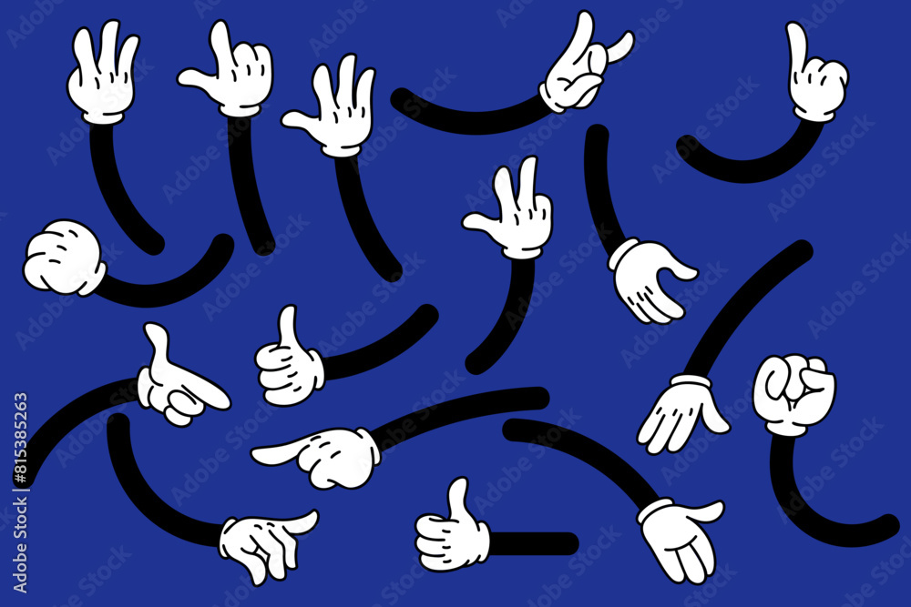 Set of cartoon hands in gloves. Retro style mascot hands. Rubber hose ...