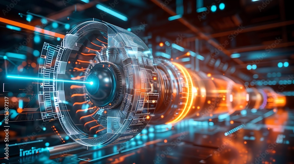 a futuristic jet engine blueprint with holographic overlays, detailed ...