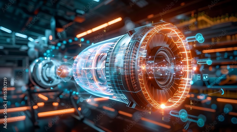 a futuristic jet engine blueprint with holographic overlays, detailed ...