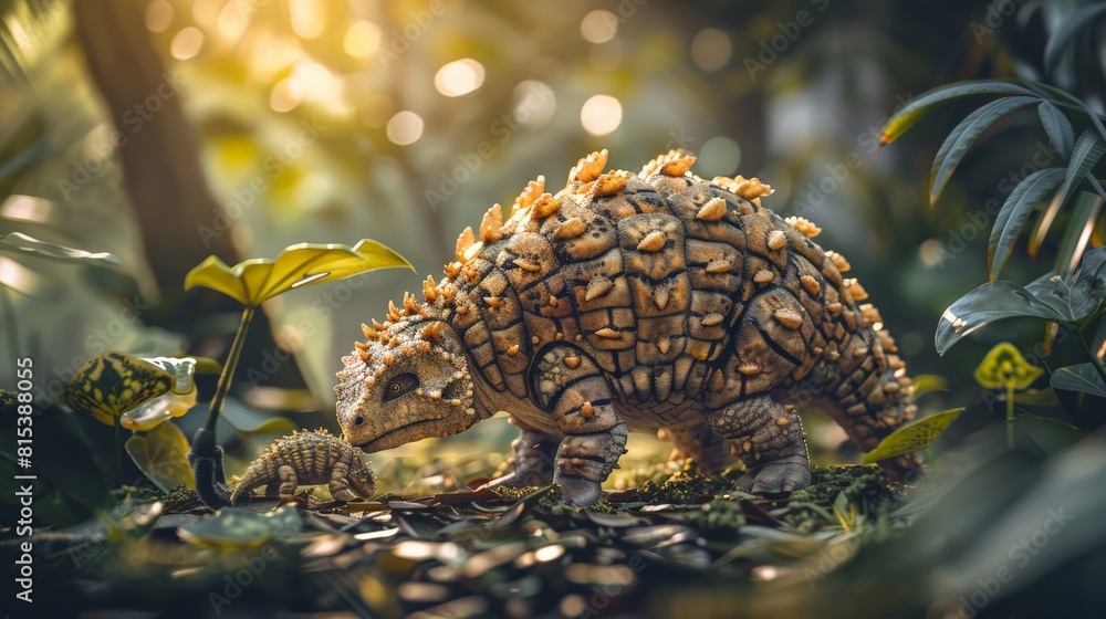 Juvenile Ankylosaurus with adult explores vibrant, sunlit forest ...