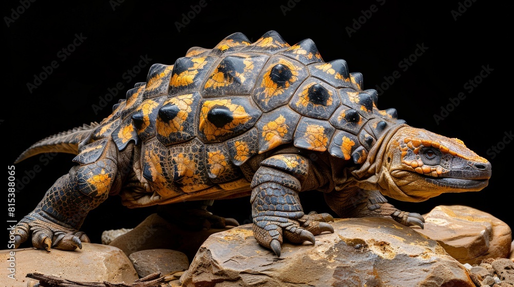 Ankylosaurus dinosaur standing on rocky terrain with black background ...