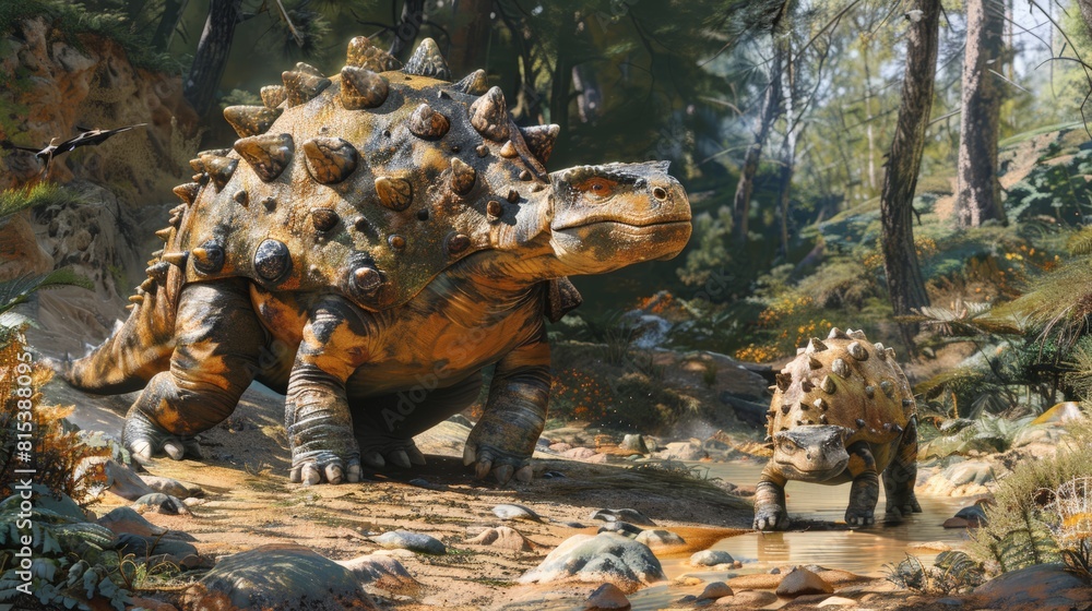 Ankylosaurus with juvenile by side, walking through prehistoric forest ...