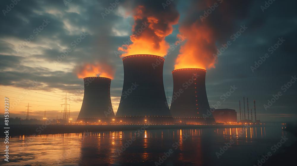 The photo shows a nuclear power plant with smoke coming out of the ...