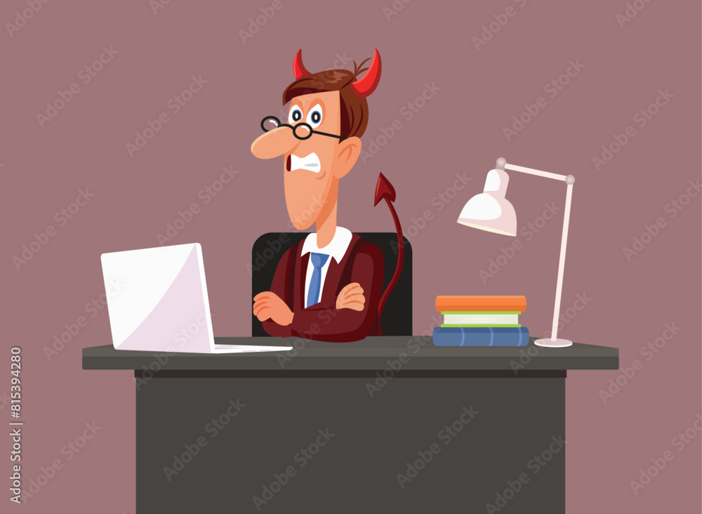 Evil Boss Standing at His Desk Vector Cartoon illustration. Strict CEO ...